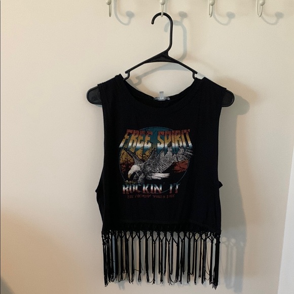 Tops | Black Fringe Tank Top With Graphic Design | Poshmark